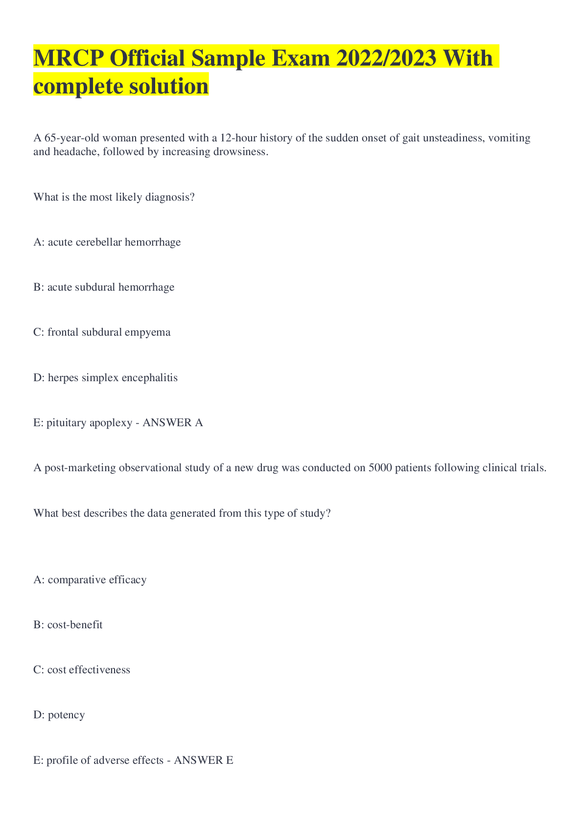 MRCP Official Sample Exam 2022/2023 With complete solution - Scholarfriends