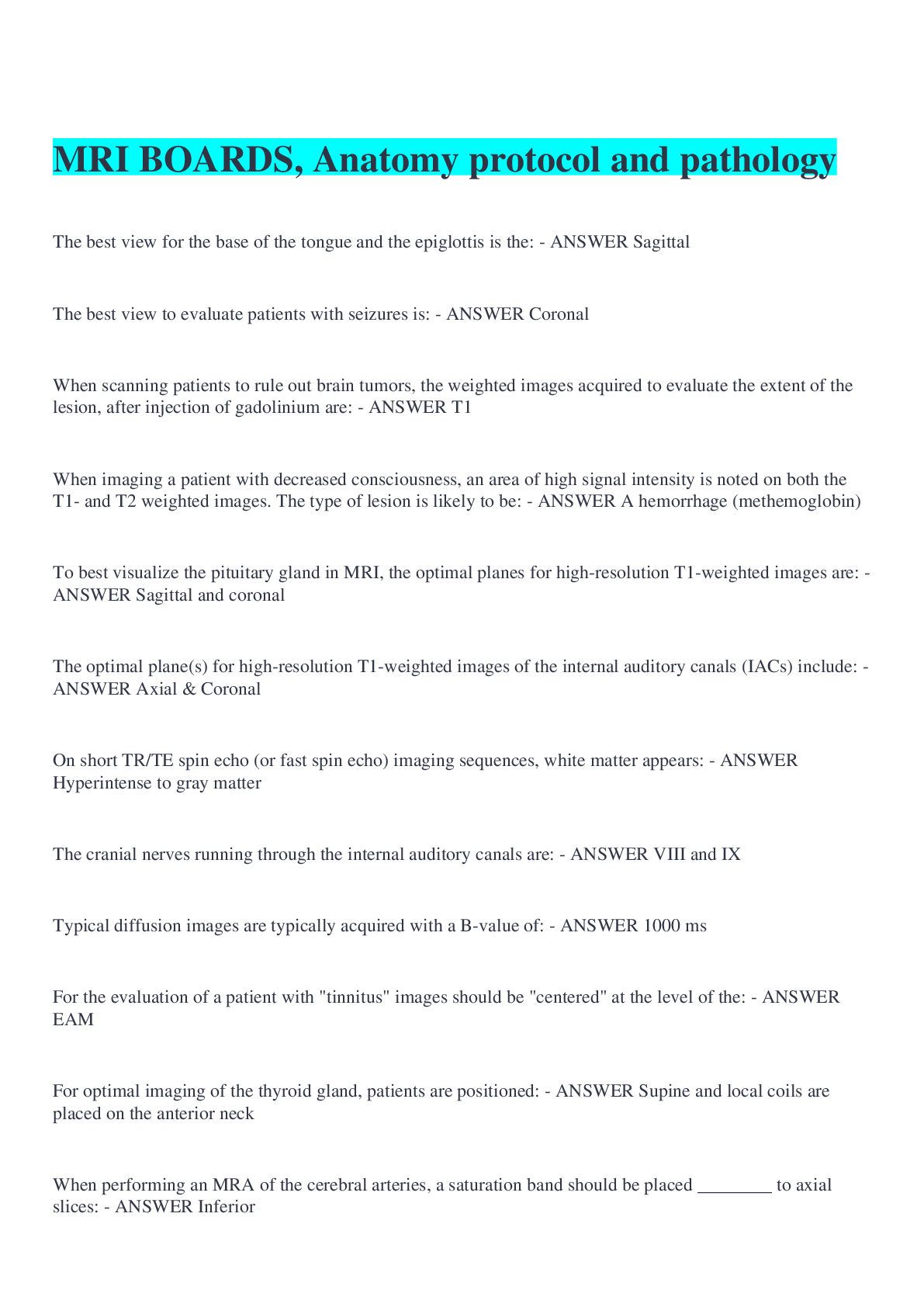 MRI BOARDS, Anatomy protocol and pathology - Scholarfriends