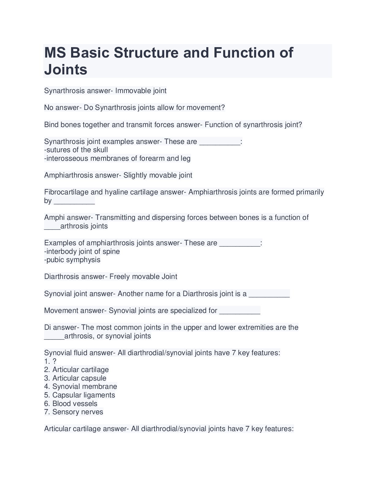 MS Basic Structure and Function of Joints - Scholarfriends