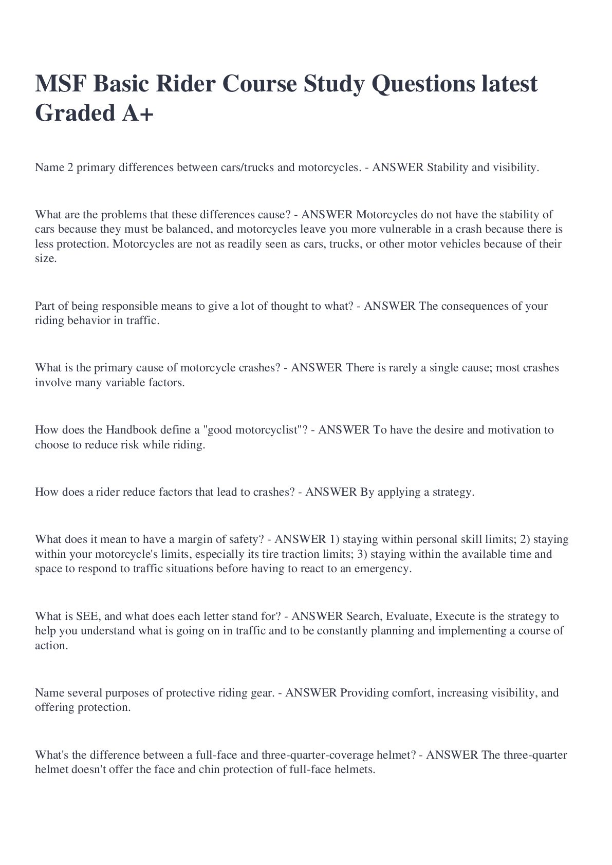MSF Basic Rider Course Study Questions Latest Graded A+ - Scholarfriends