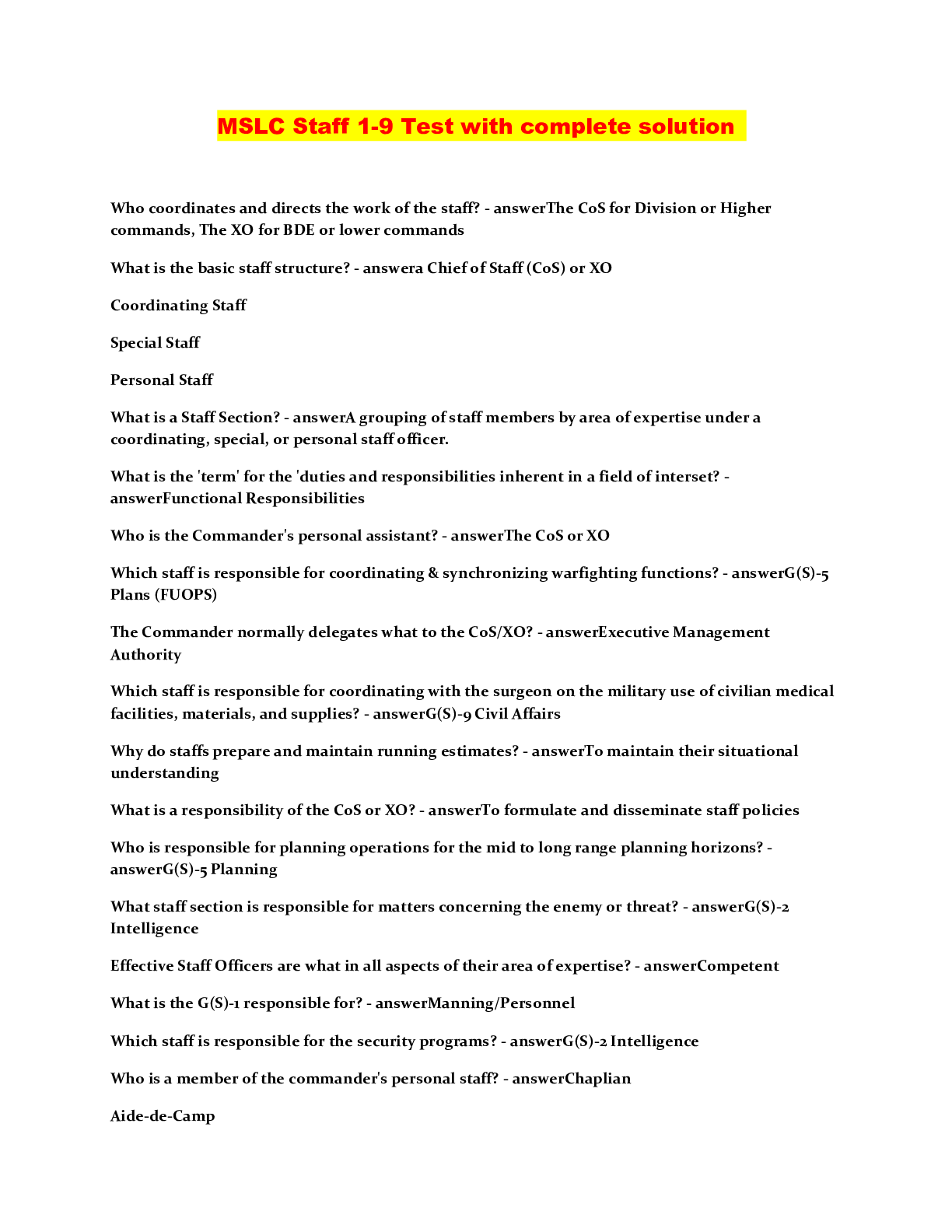 MSLC Staff 1-9 Test with complete solution - Scholarfriends