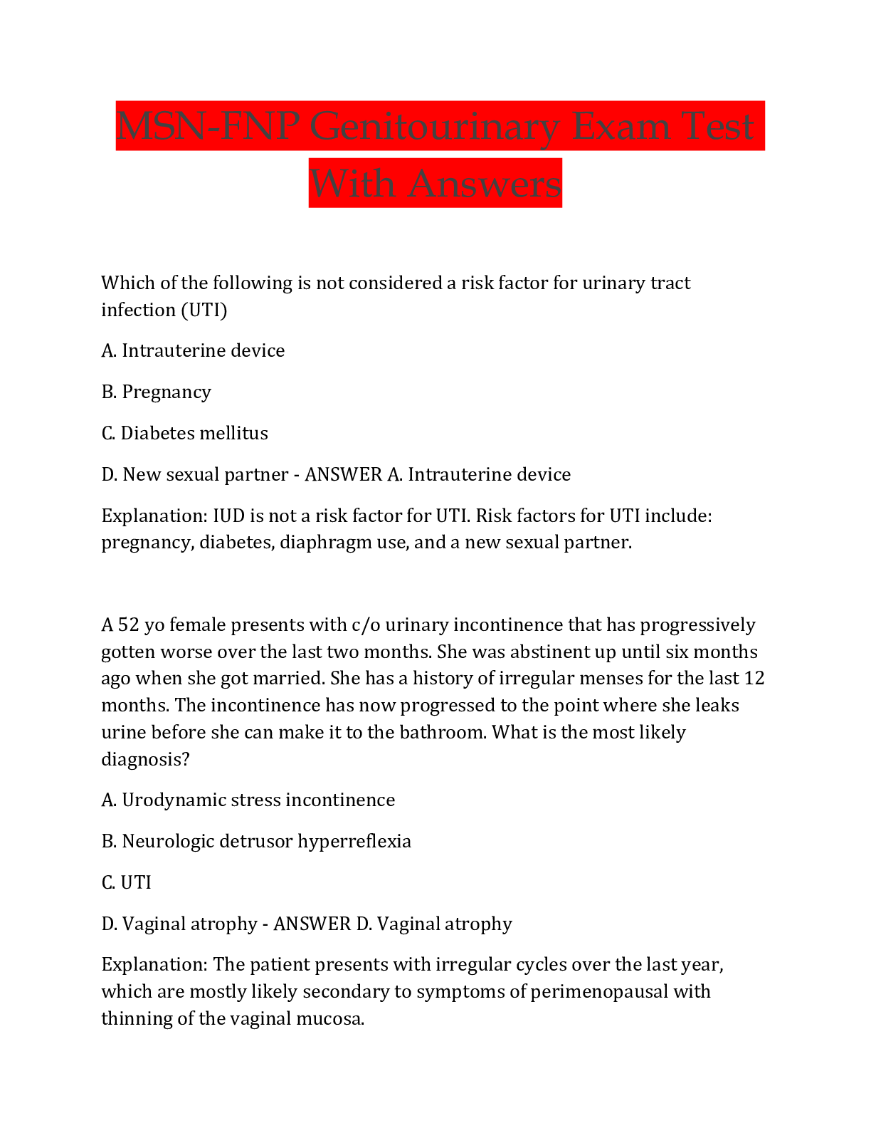 MSN-FNP Genitourinary Exam Test With Answers - Scholarfriends