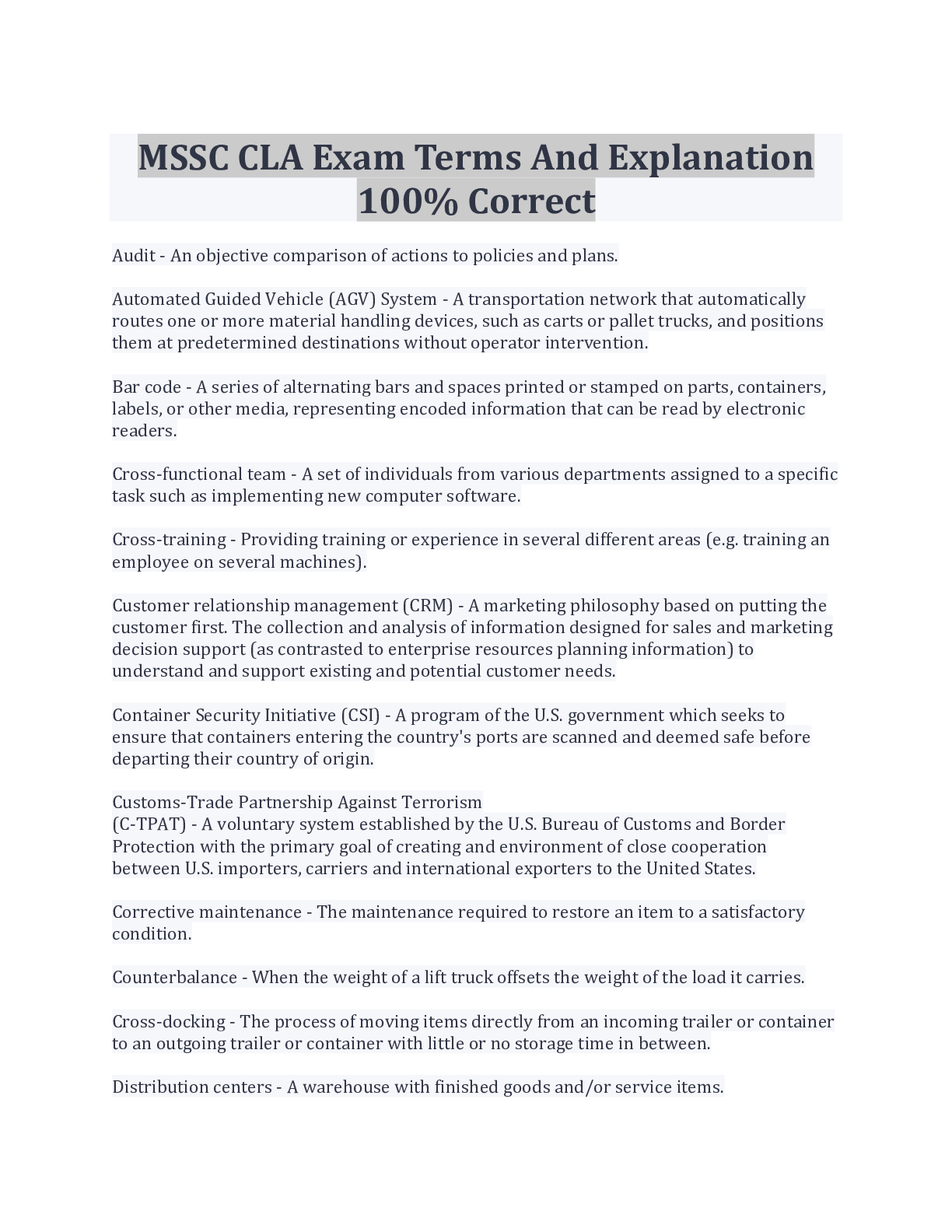 MSSC CLA Exam Terms And Explanation 100% Correct - Scholarfriends