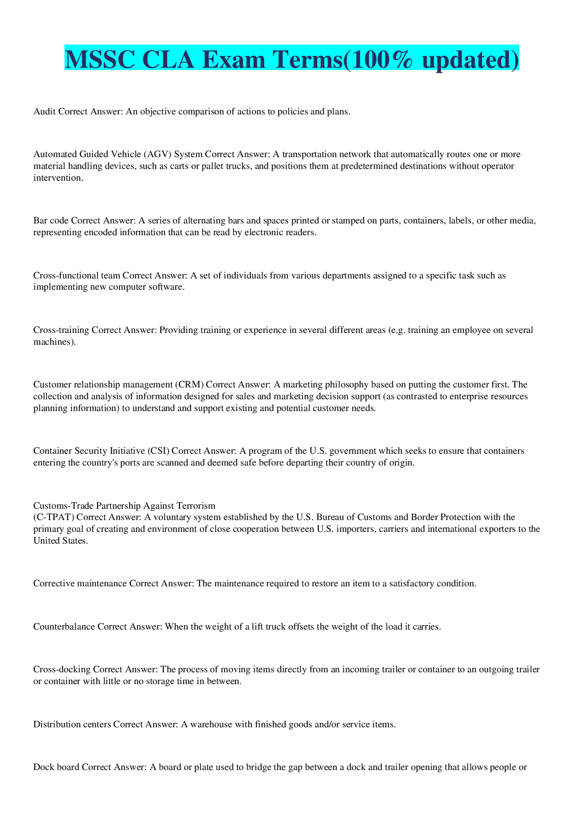 MSSC CLA Exam Terms 2022 with completed solutions - Scholarfriends