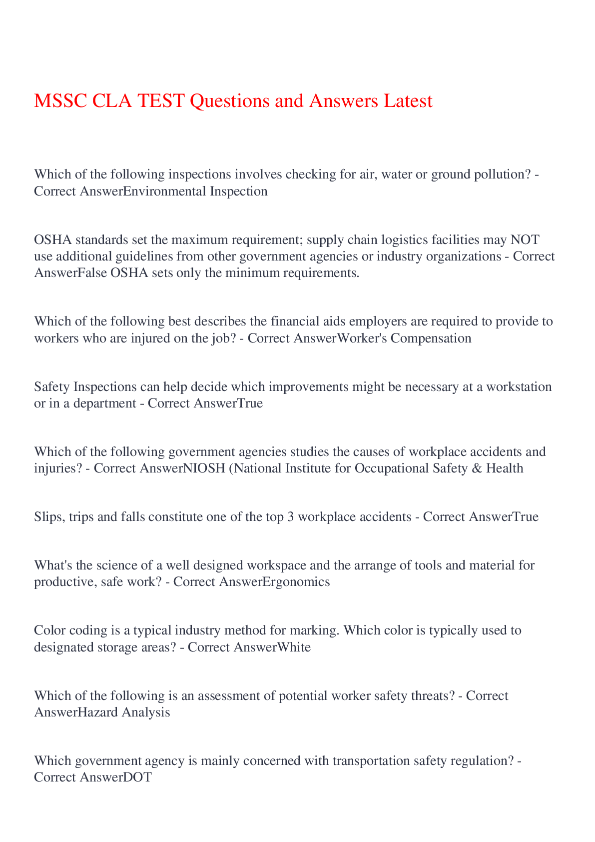 MSSC CLA TEST Questions and Answers Latest,100% CORRECT - Scholarfriends