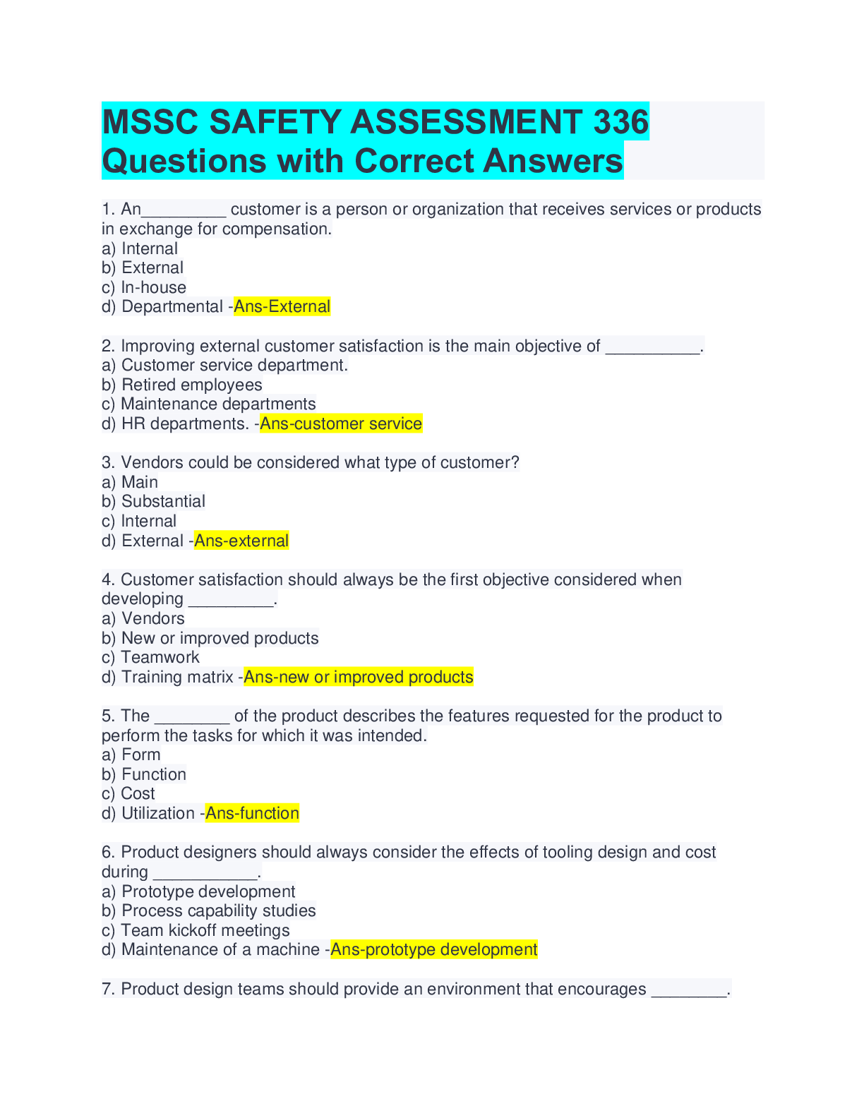 MSSC SAFETY ASSESSMENT 336 Questions with Correct Answers - Scholarfriends