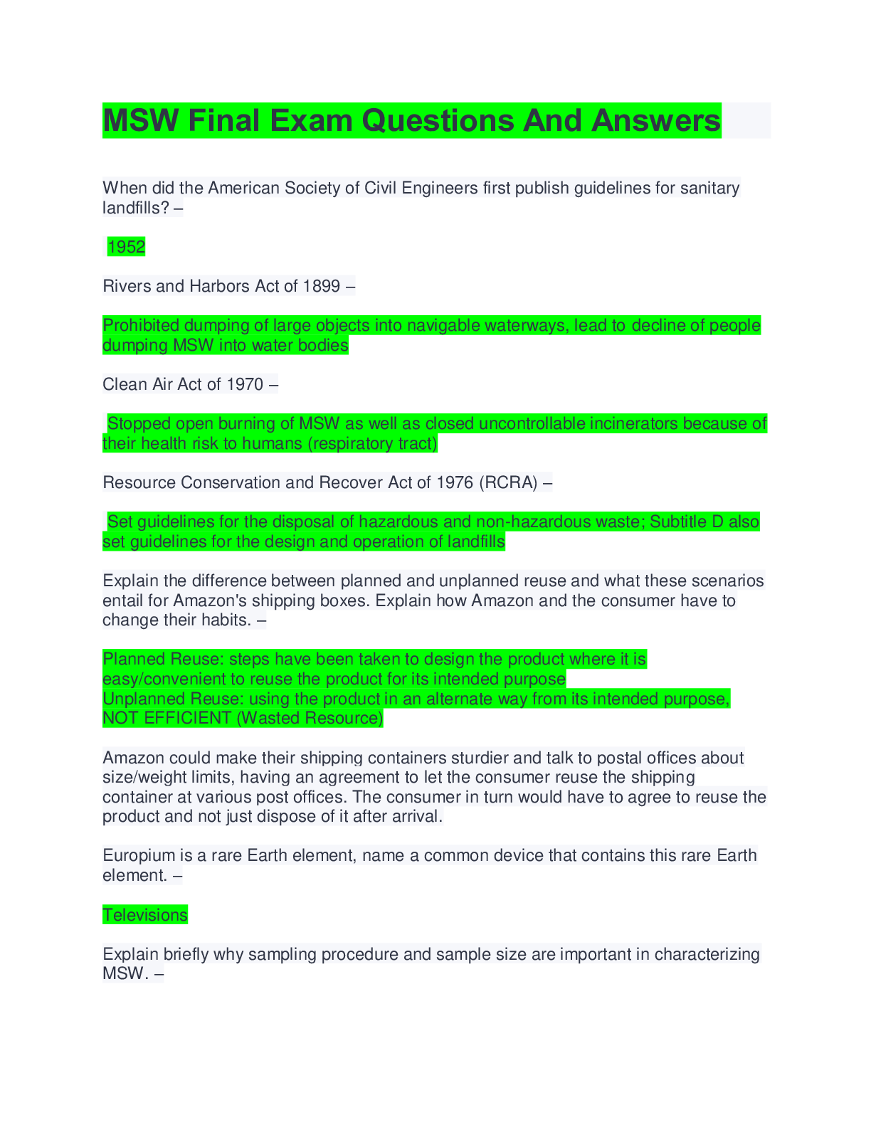 MSW Final Exam Questions And Answers( Complete Solution Graded A ...