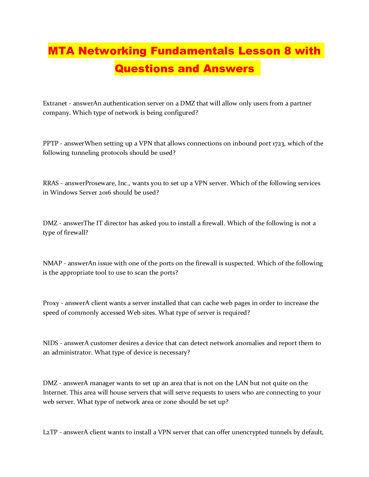 MTA Networking Fundamentals Lesson 8 with Questions and Answers ...