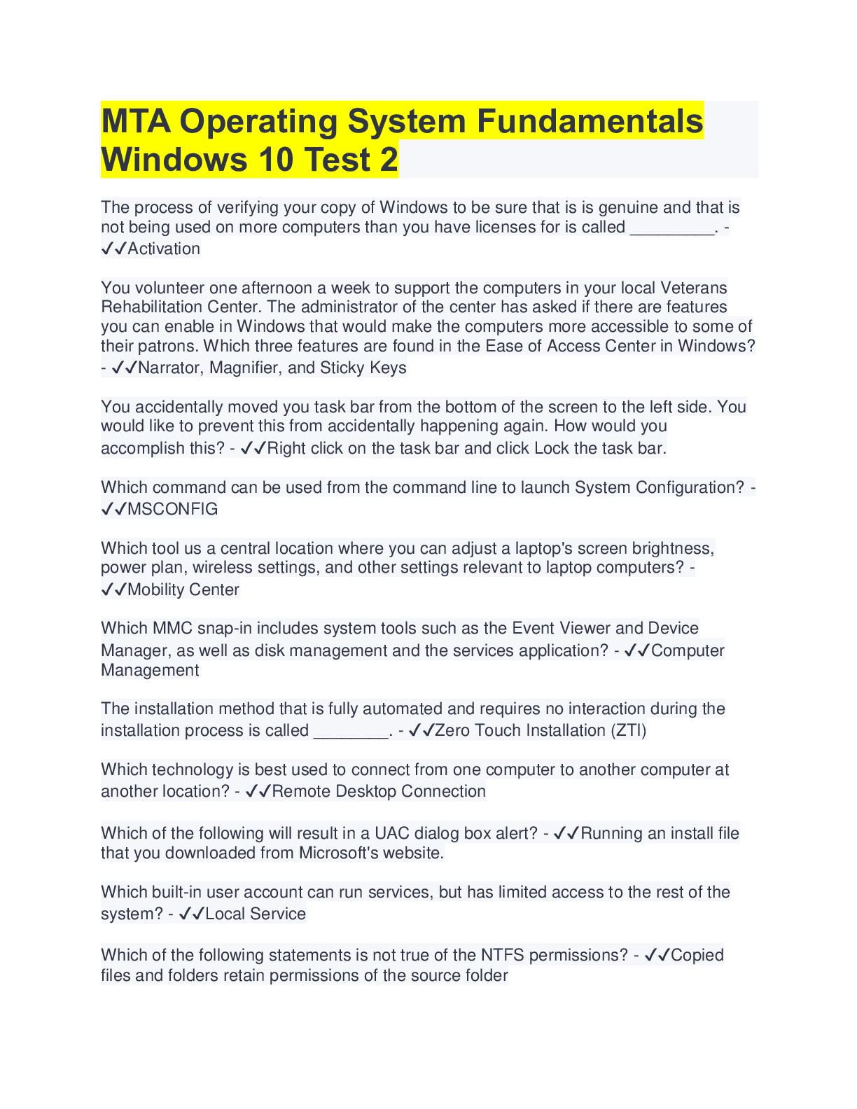 MTA Operating System Fundamentals Windows 10 Test 2, Questions and ...