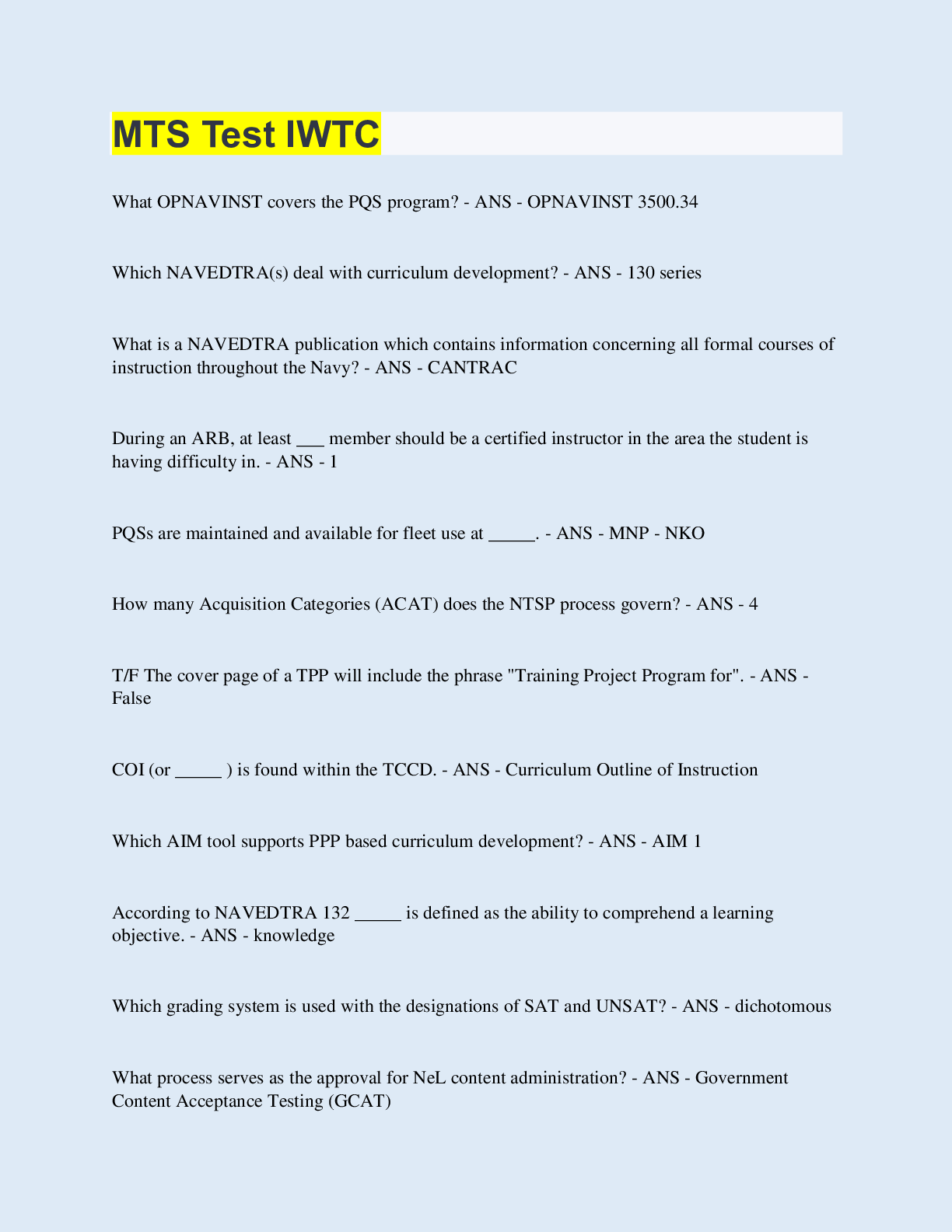 MTS Test IWTC | 80 Questions with 100% Correct Answers | Updated ...