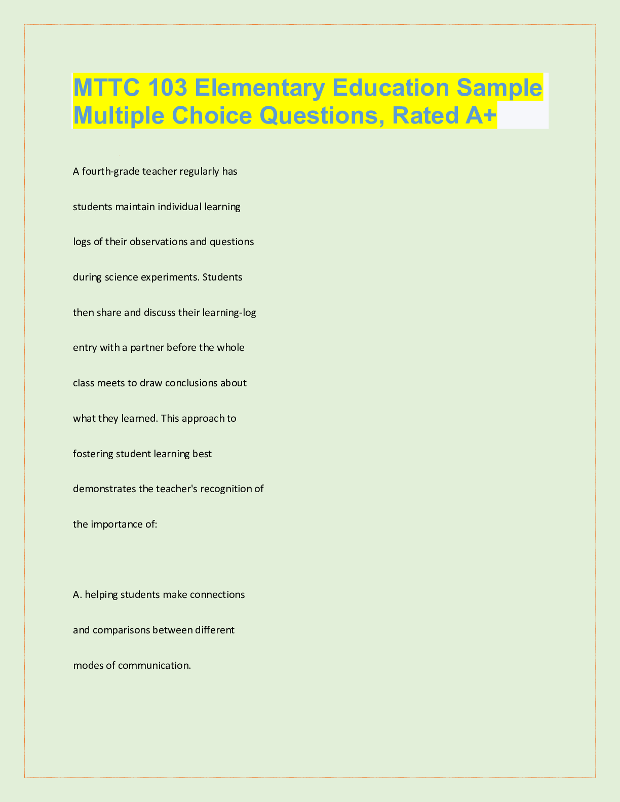 MTTC 103 Elementary Education Sample Multiple Choice Questions ...