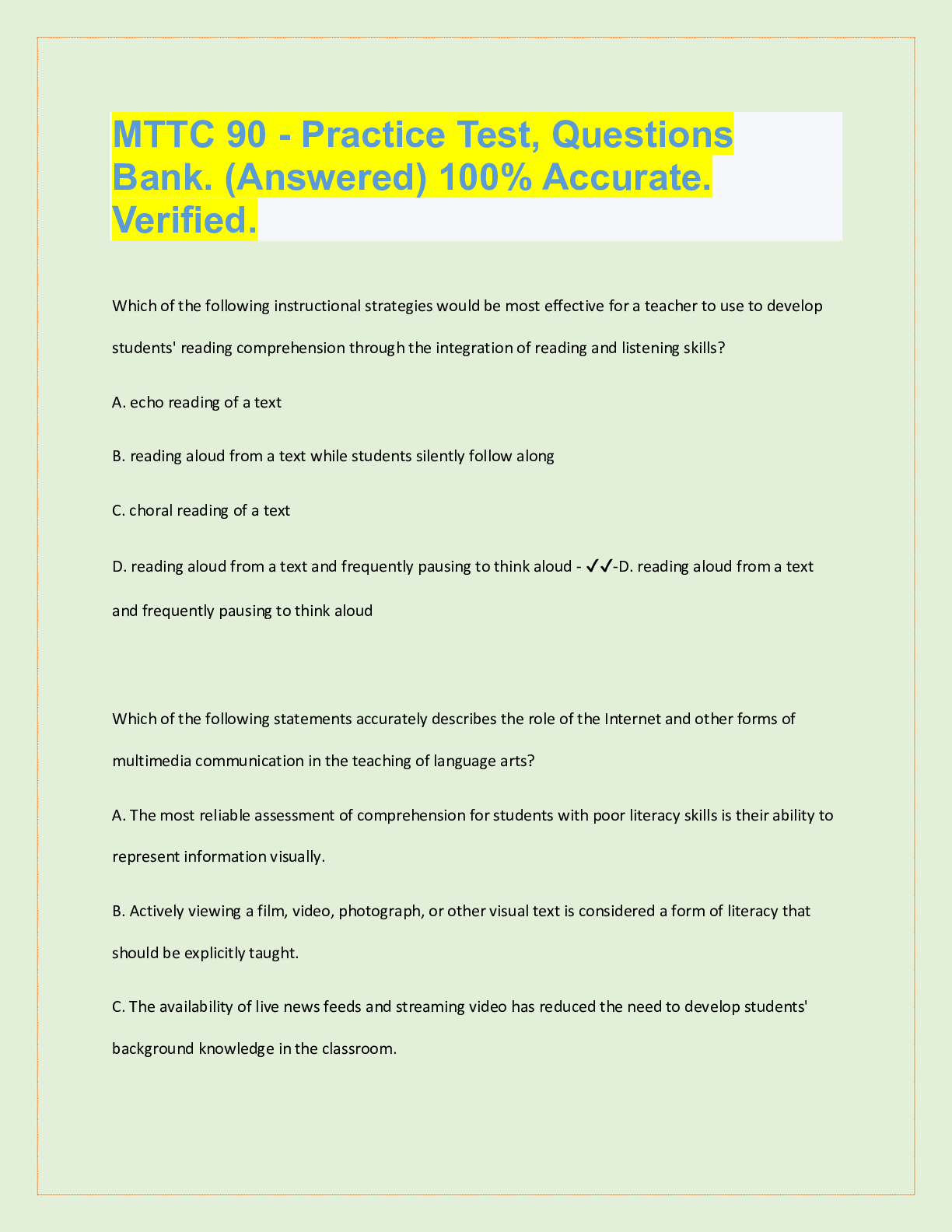 MTTC 90 - Practice Test, Questions Bank. (Answered) 100% Accurate ...