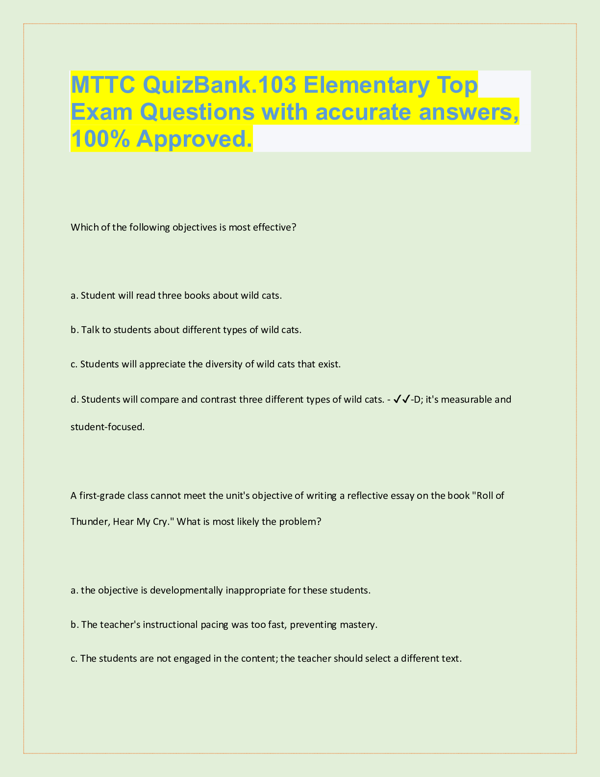 MTTC QuizBank.103 Elementary Top Exam Questions with accurate answers ...