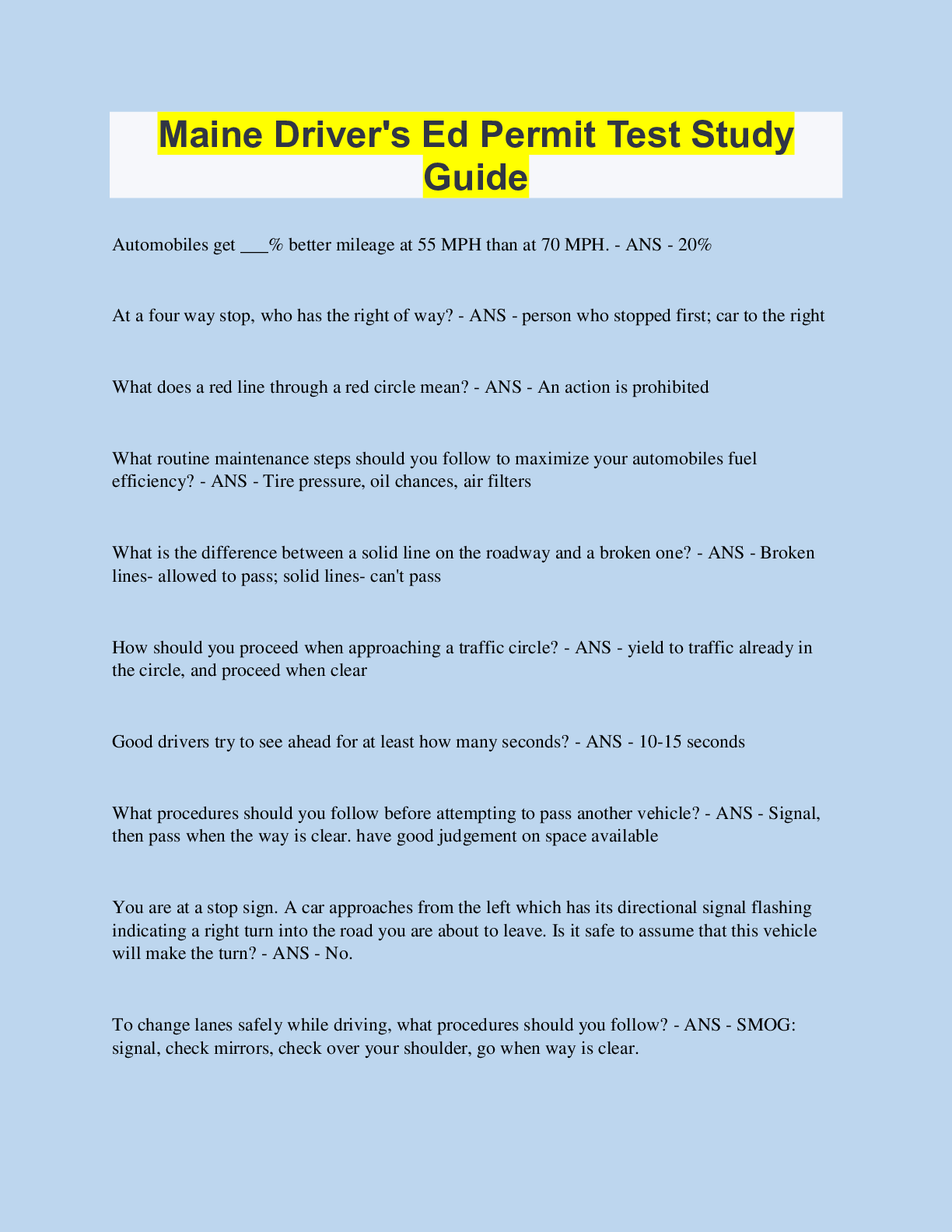 Maine Driver's Ed Permit Test Study Guide - Scholarfriends