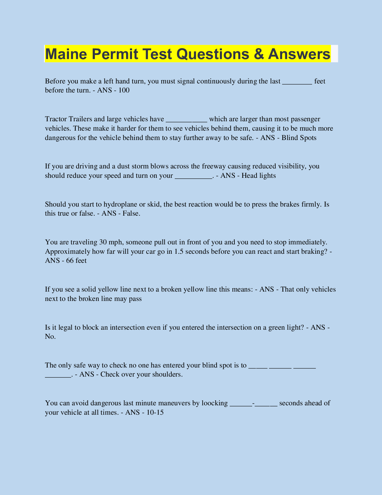 Maine Permit Test Questions & Answers - Scholarfriends