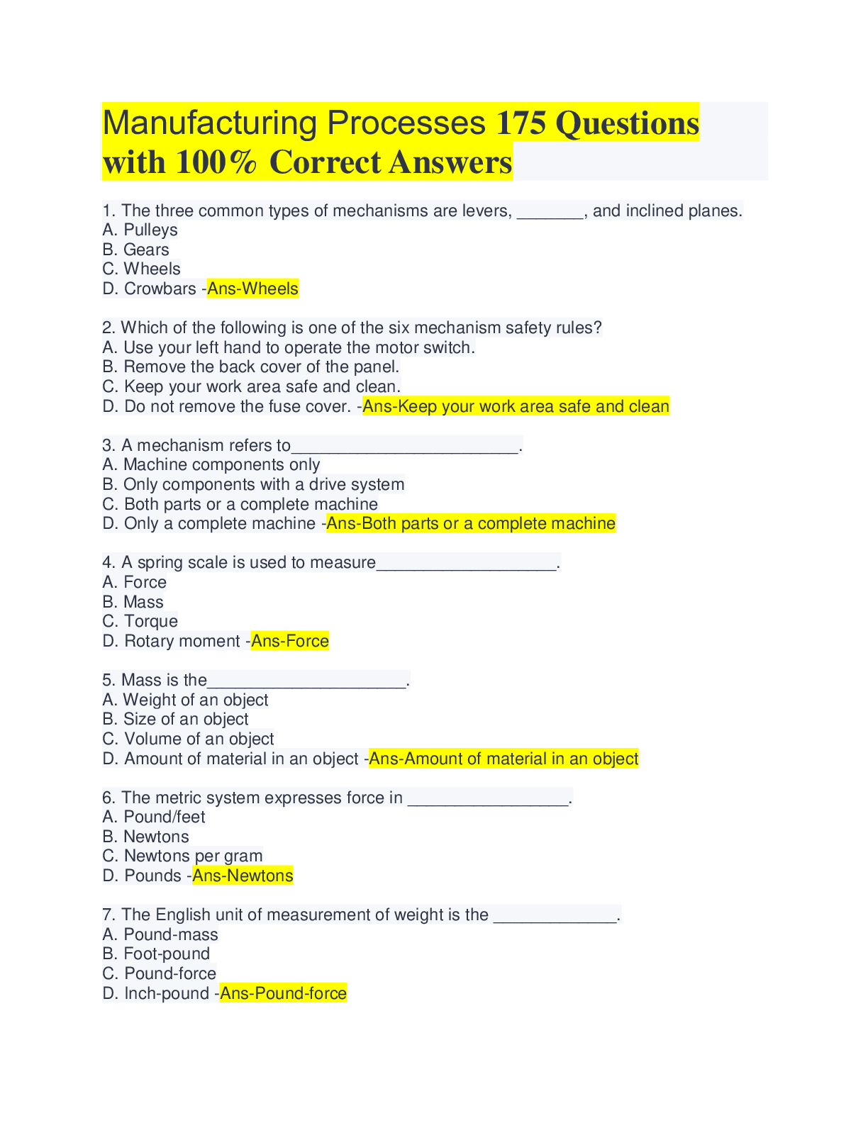 Manufacturing Processes 175 Questions with 100% Correct Answers ...