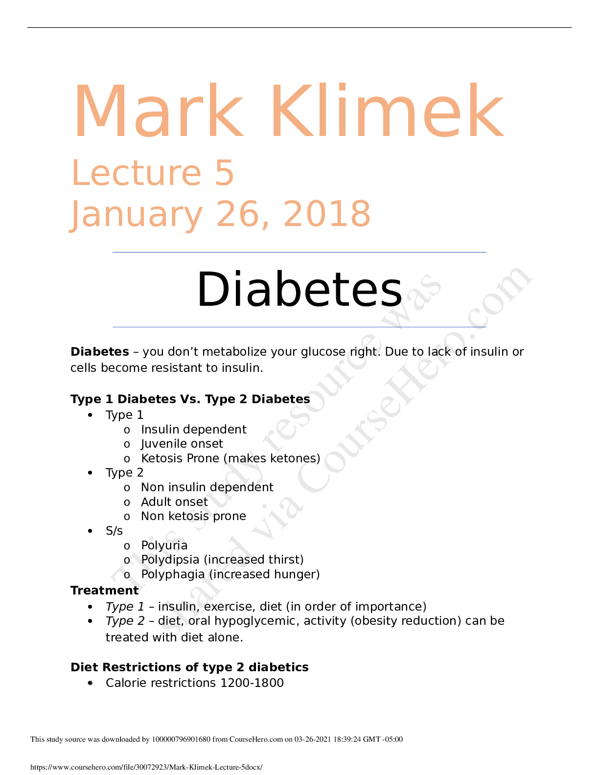 Mark Klimek Lecture 5 Diabetes – Scholarfriends - Scholarfriends