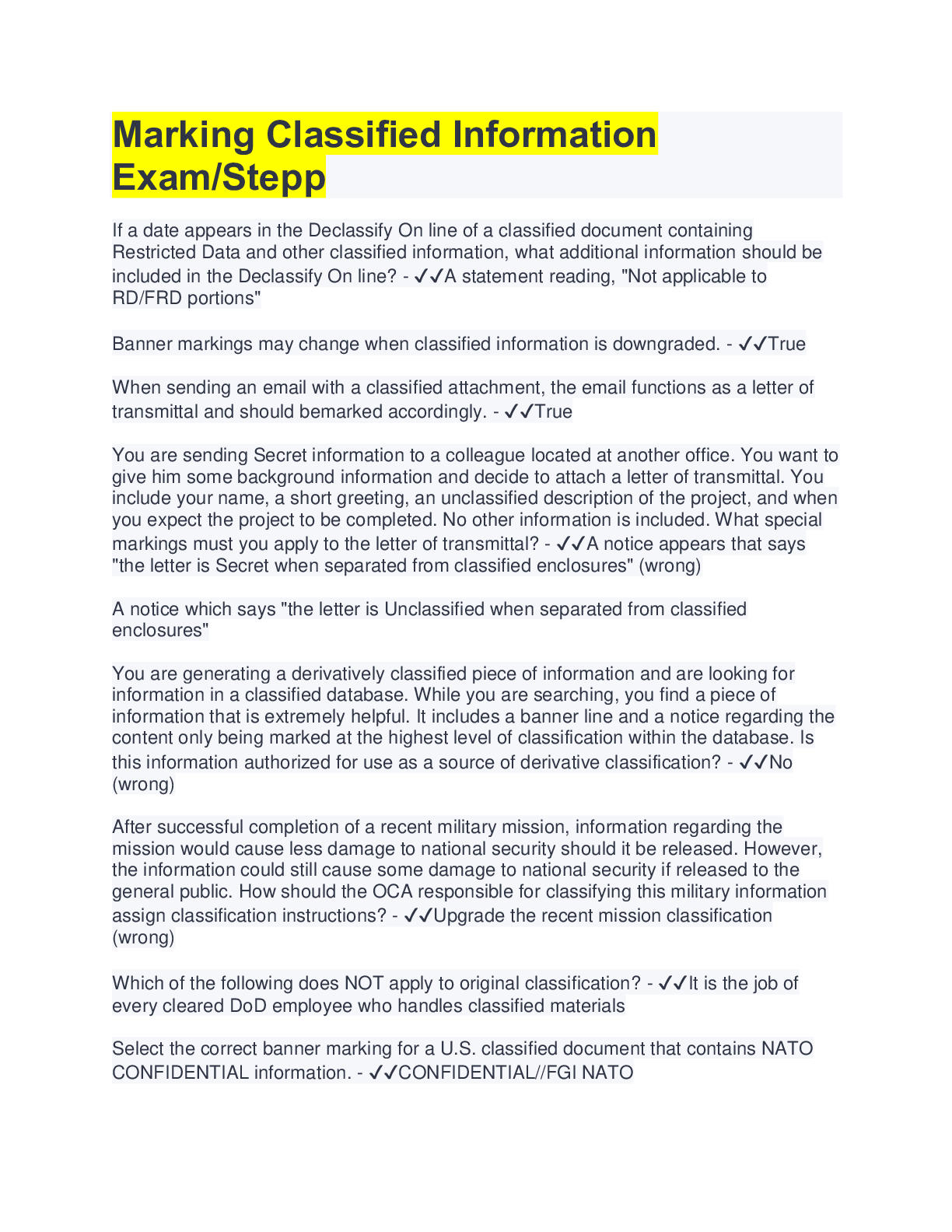 Marking Classified Information Exam/Stepp - Scholarfriends