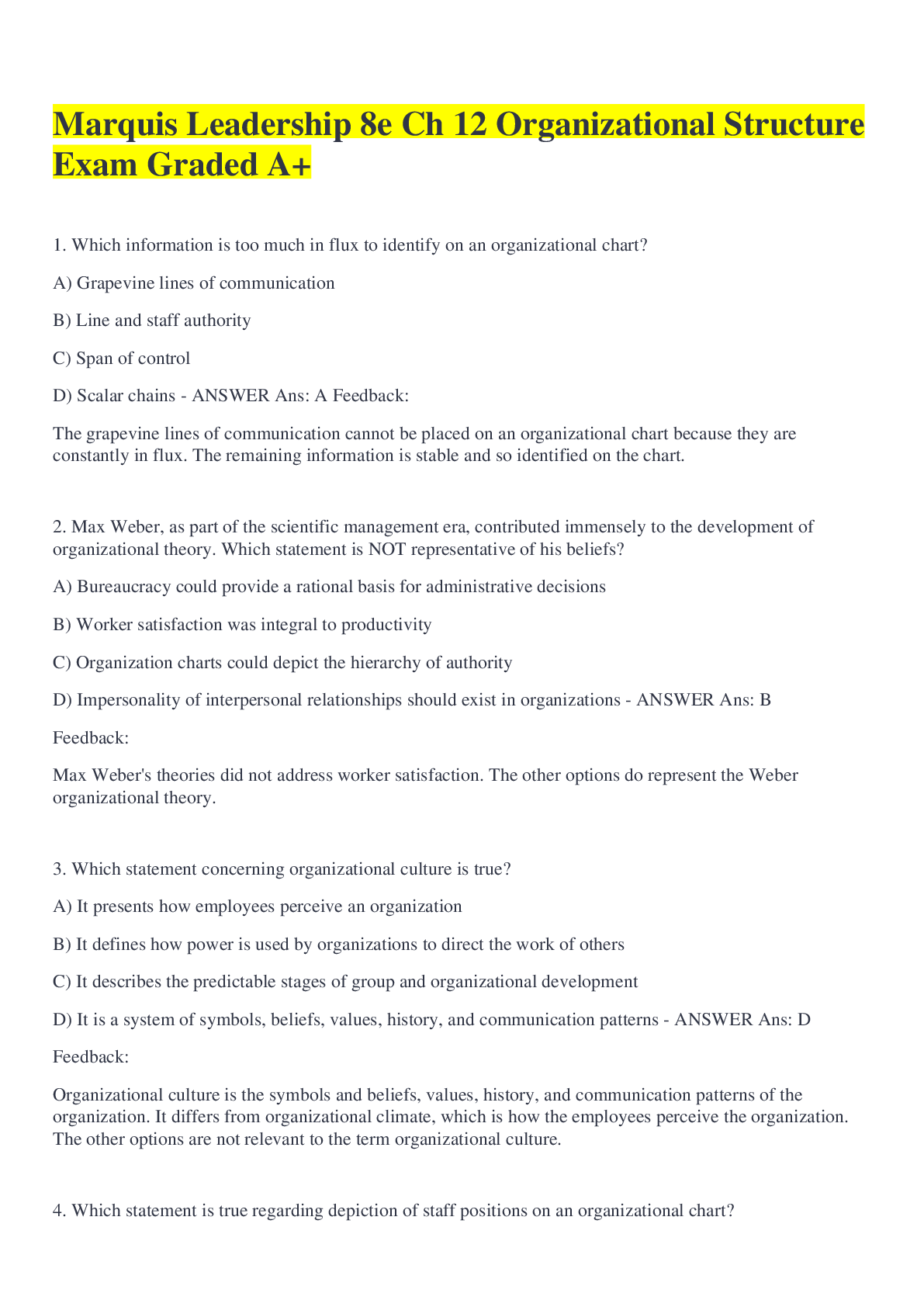 Marquis Leadership 8e Ch 12 Organizational Structure Exam Graded A+ ...