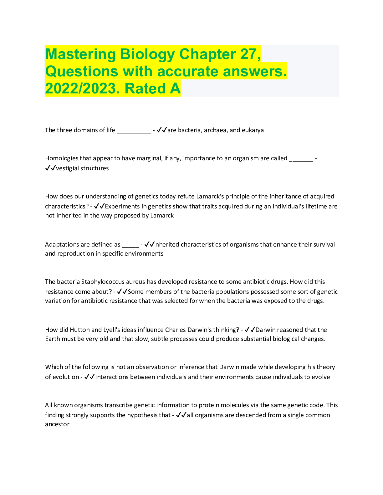 Mastering Biology Chapter 27, Questions with accurate answers. 2022/ ...