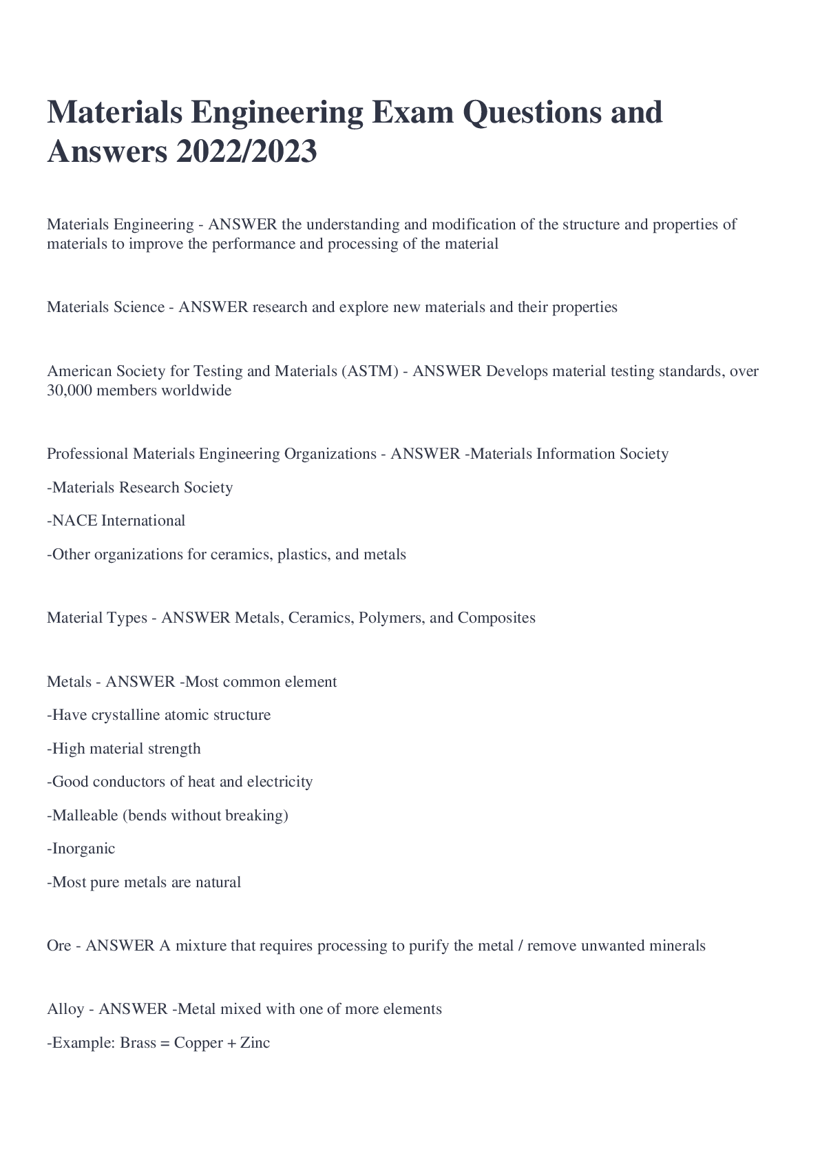 Materials Engineering Exam Questions and Answers 2022/2023 ...