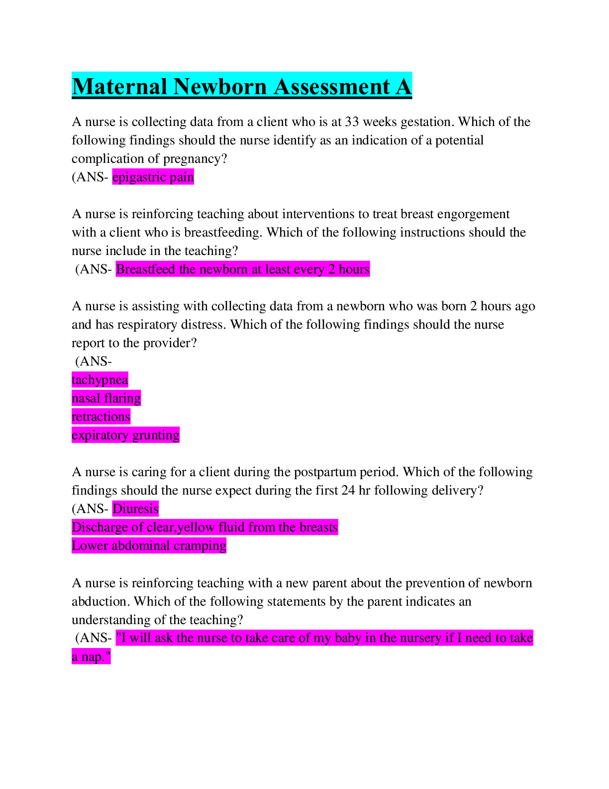 Maternal Newborn Assessment A/ Questions & Answers - Scholarfriends