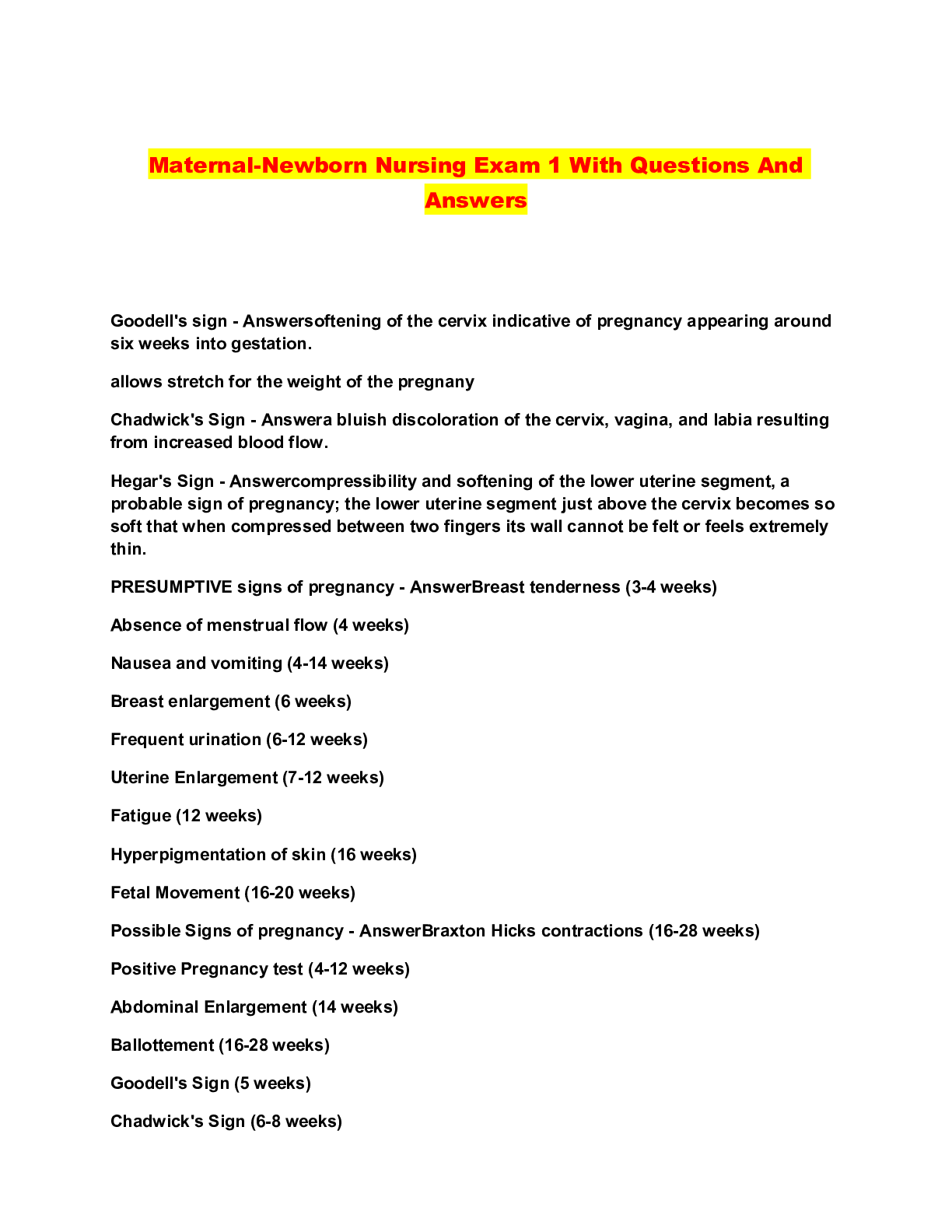 Maternal-Newborn Nursing Exam 1 With Questions And Answers - Scholarfriends