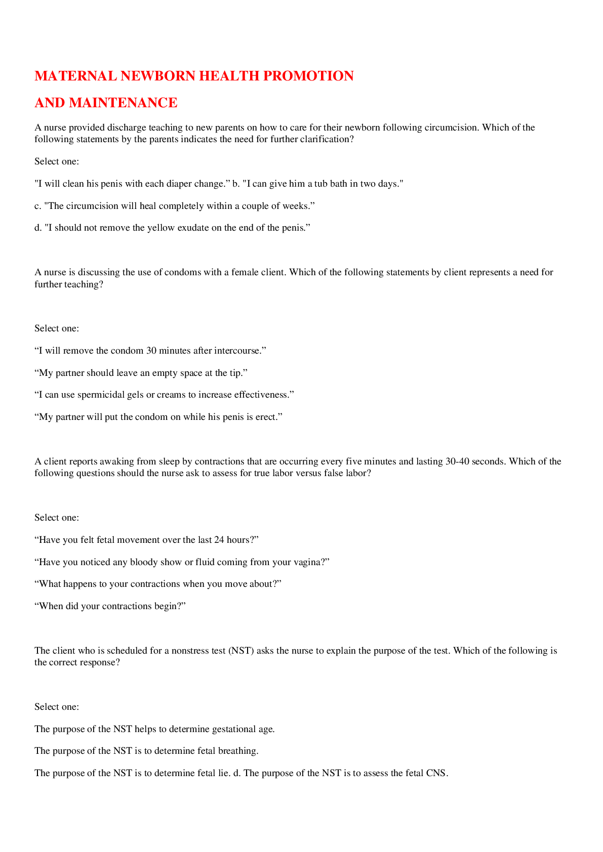 MATERNAL NEWBORN HEALTH PROMOTION AND MAINTENANCE - Scholarfriends