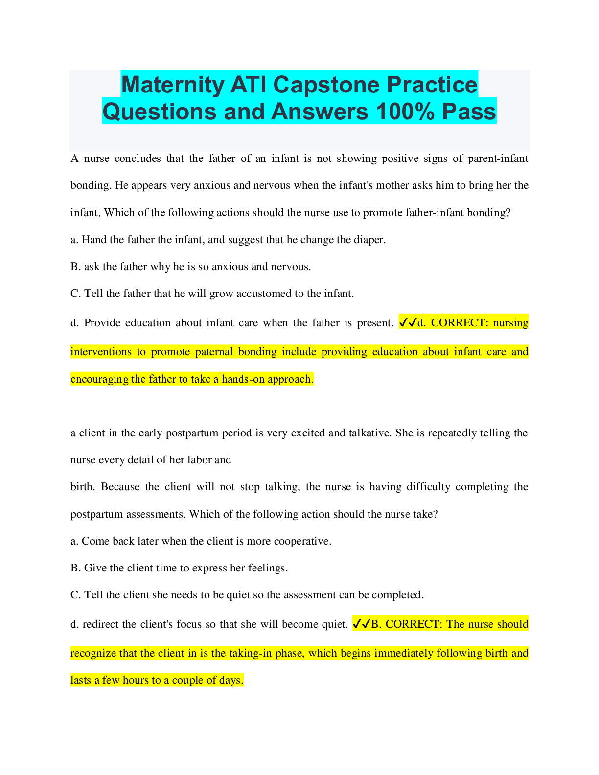 Maternity ATI Capstone Practice Questions and Answers 100% Pass ...