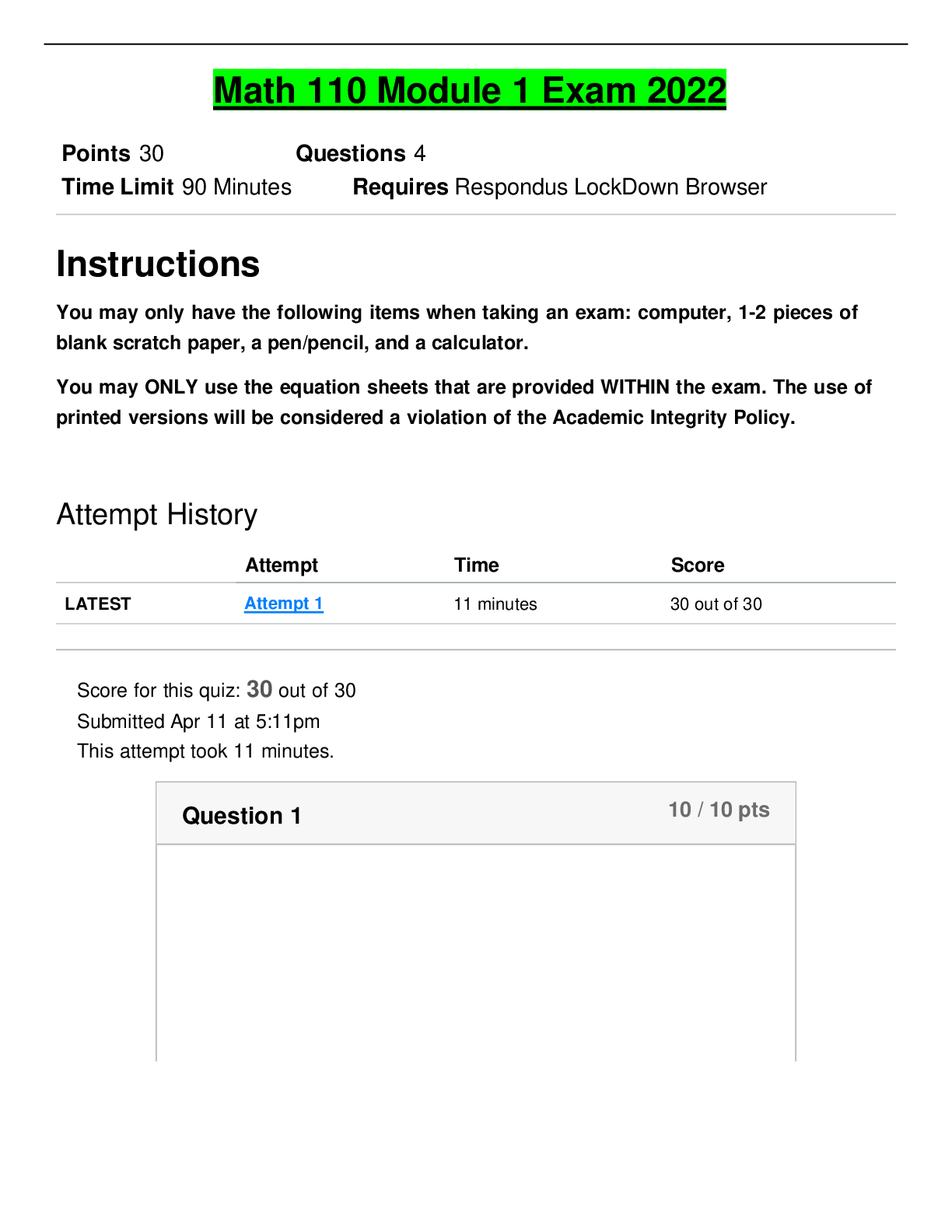 Math 110 Module 1 Exam 2022 - Scholarfriends