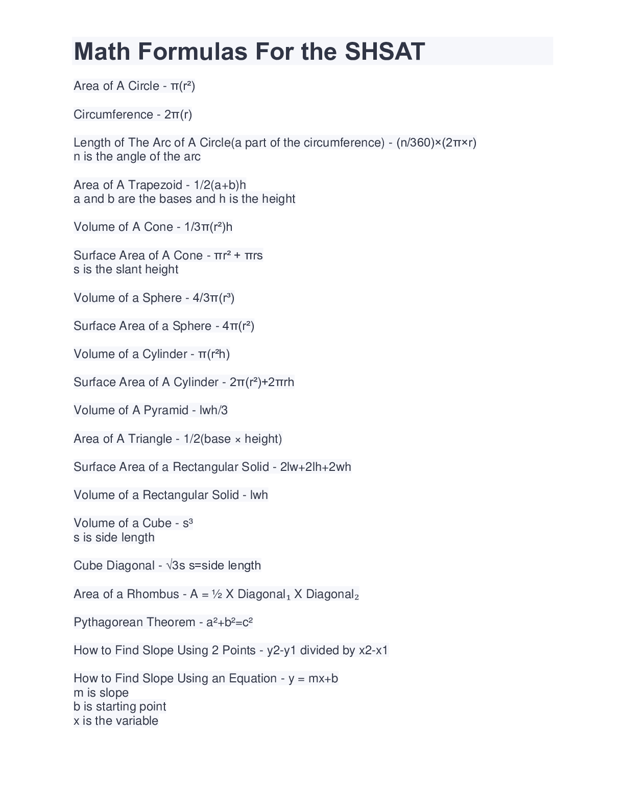 Math Formulas For the SHSAT - Scholarfriends