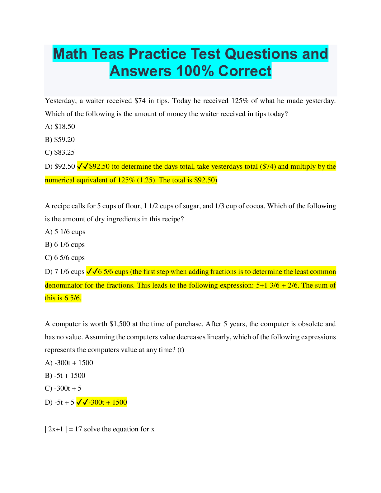 Math Teas Practice Test Questions and Answers 100% Correct - Scholarfriends