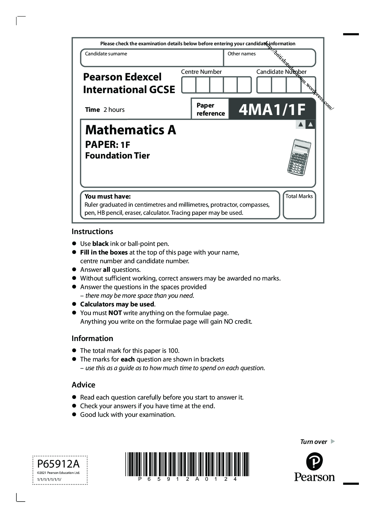 Pearson Edexcel International GCSE_Mathematics A_4MA1/1F Question Paper ...