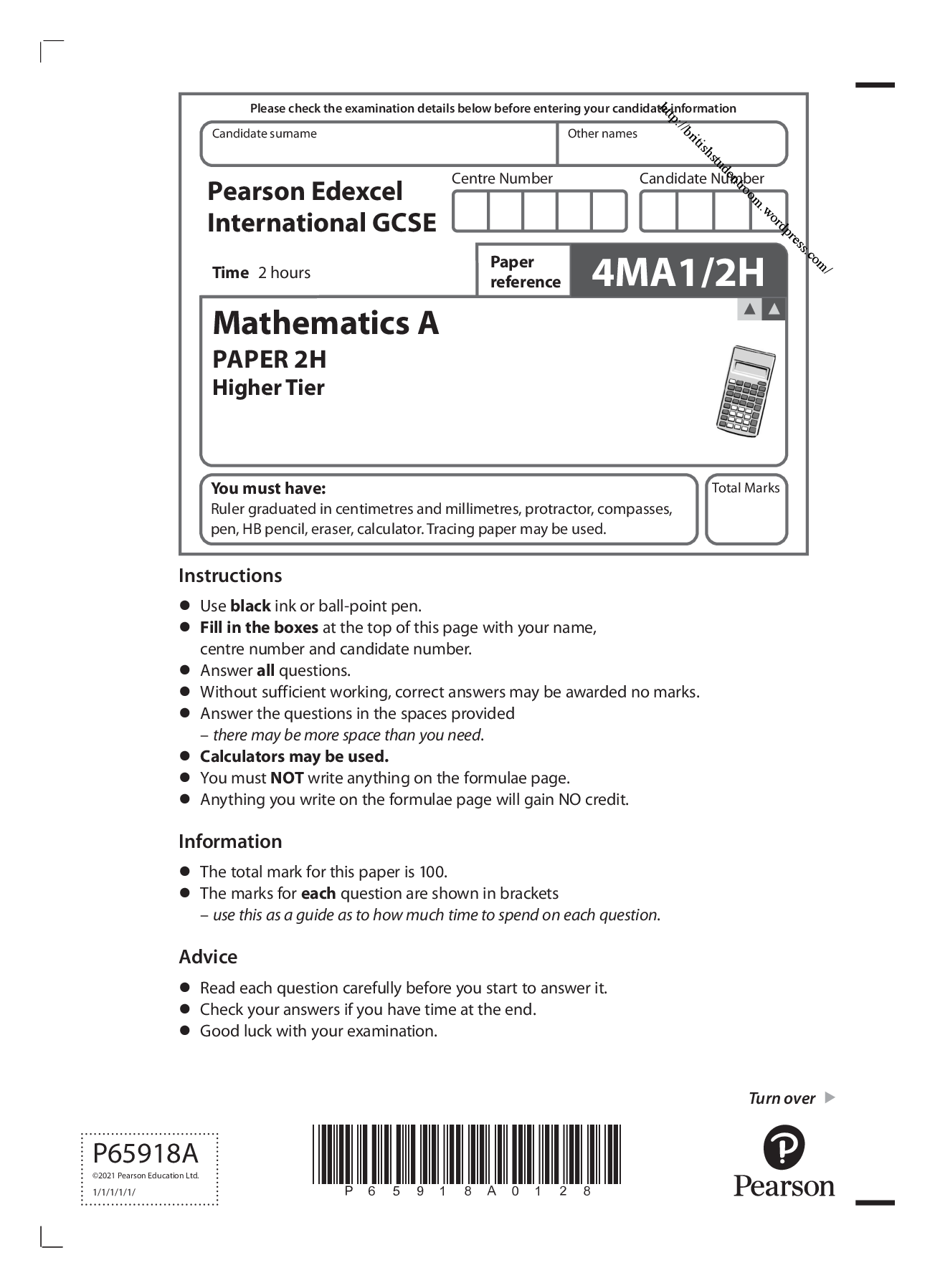 Pearson Edexcel International GCSE_Mathematics A_4MA1/2H Question Paper ...