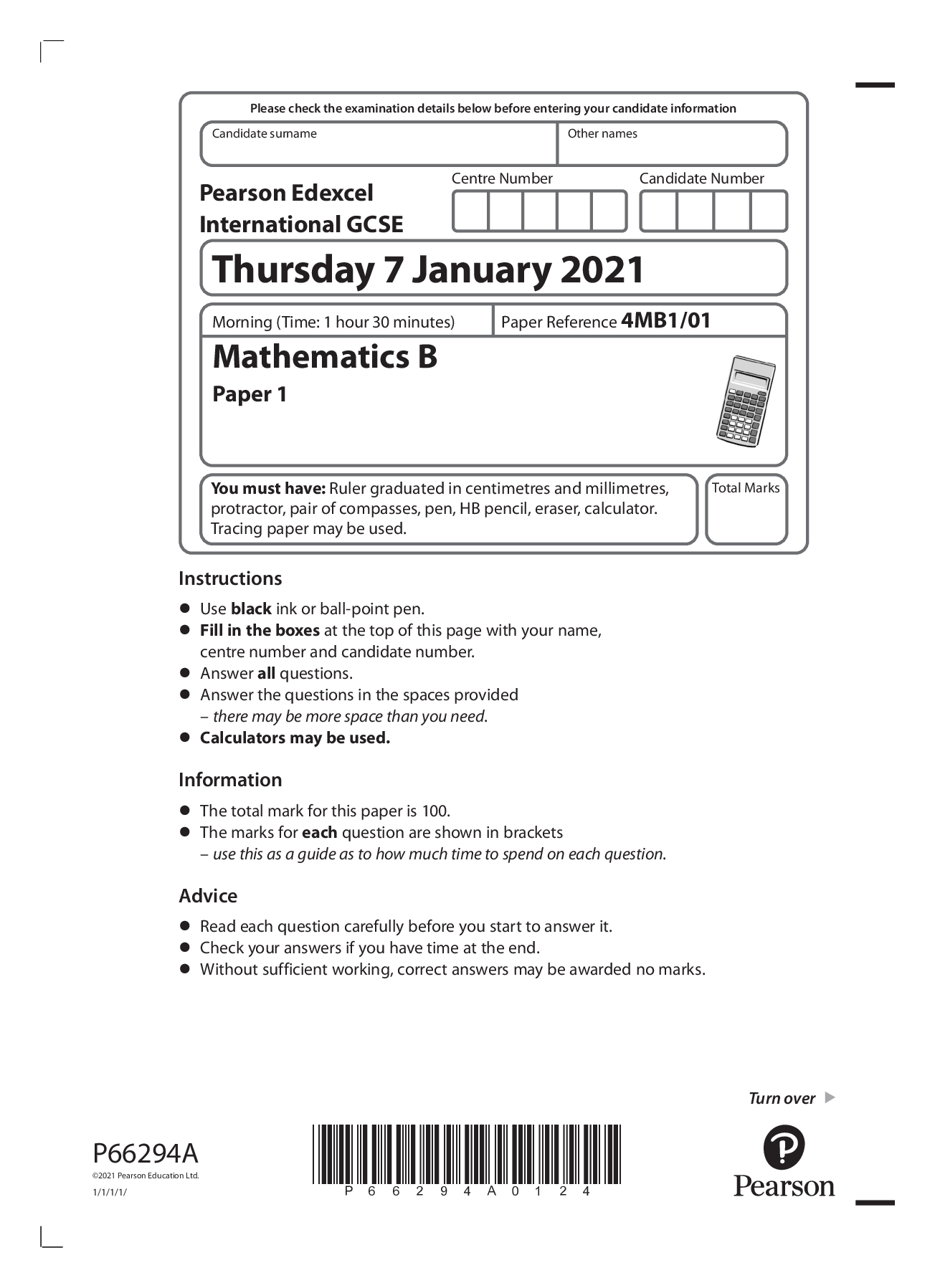 Pearson Edexcel International GCSE_Mathematics B_4MB1/01 Question Paper ...