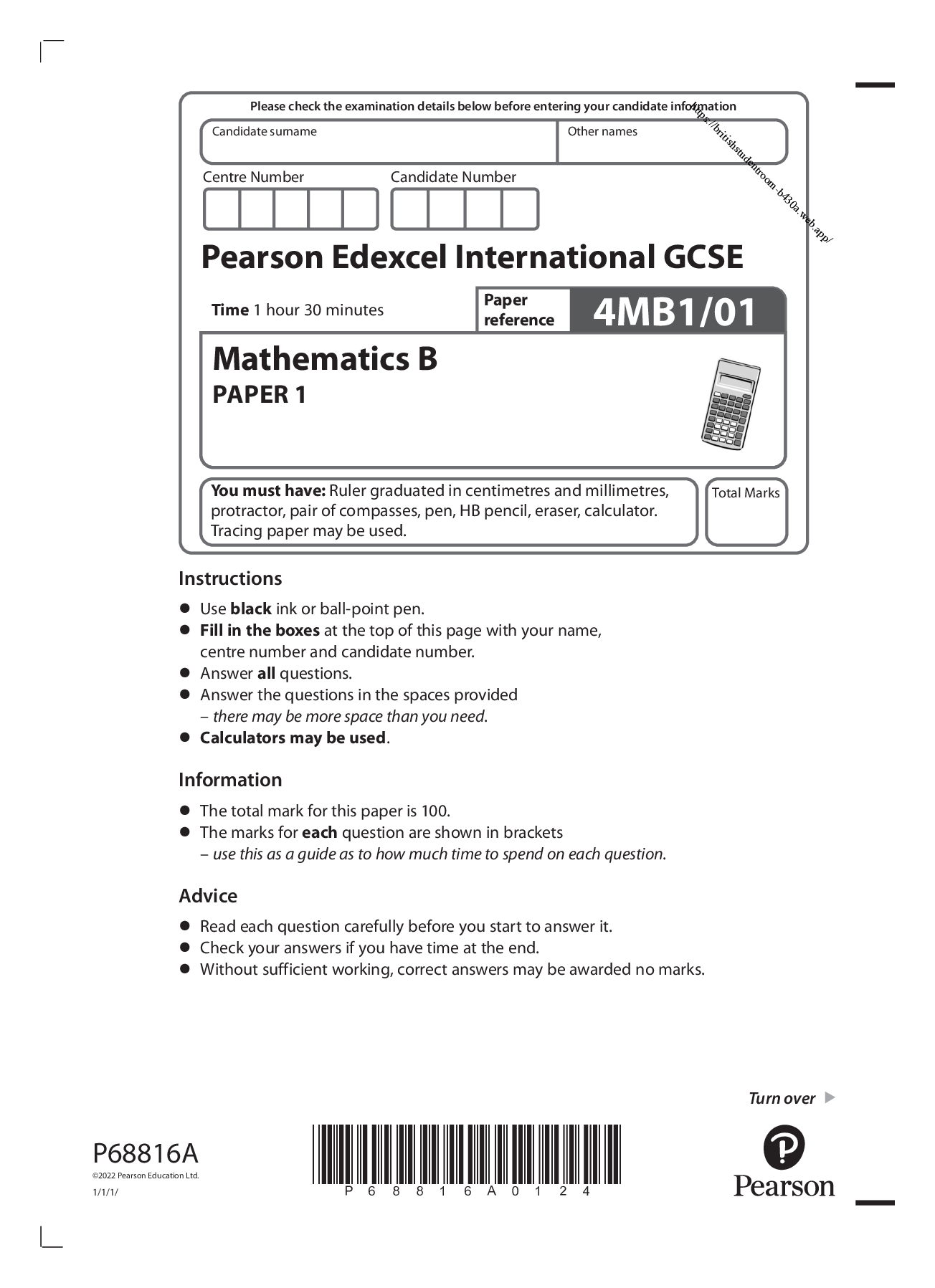 Pearson Edexcel International GCSE_Mathematics B_4MB1/01 Question Paper ...