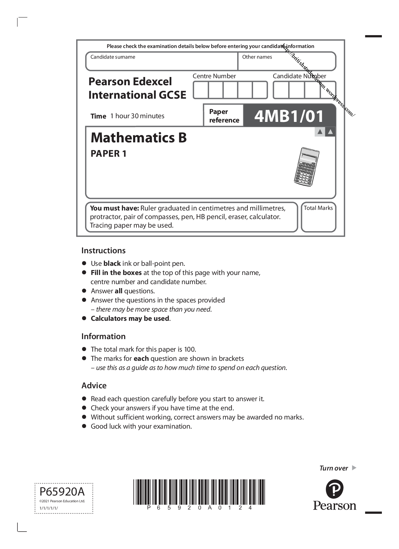 Pearson Edexcel International GCSE_Mathematics B_4MB1/01 Question Paper ...