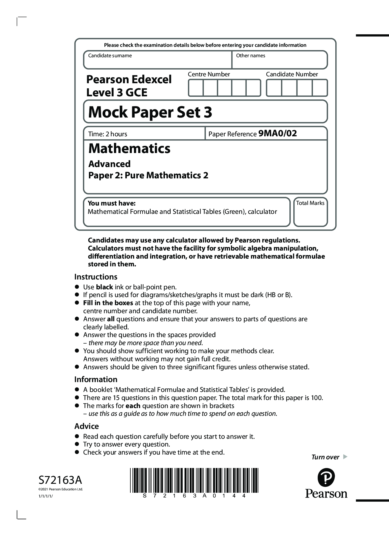 Pearson Edexcel_Mathematics_9MA0/02 AL_Mock set 3 Question Paper 2021 ...