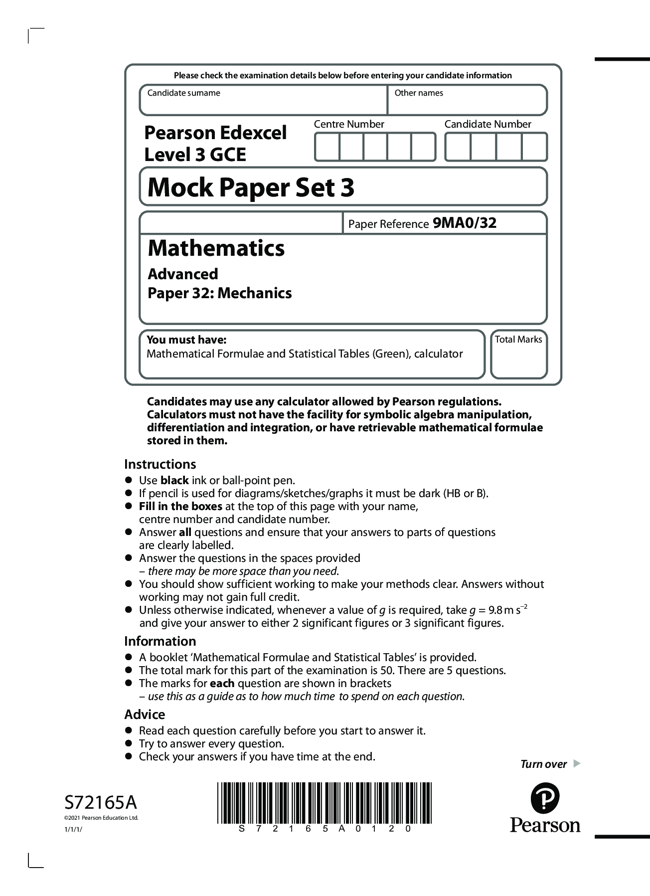 Pearson Edexcel_Mathematics_9MA0/32 AL_Mock set 3 Question Paper 2021 ...