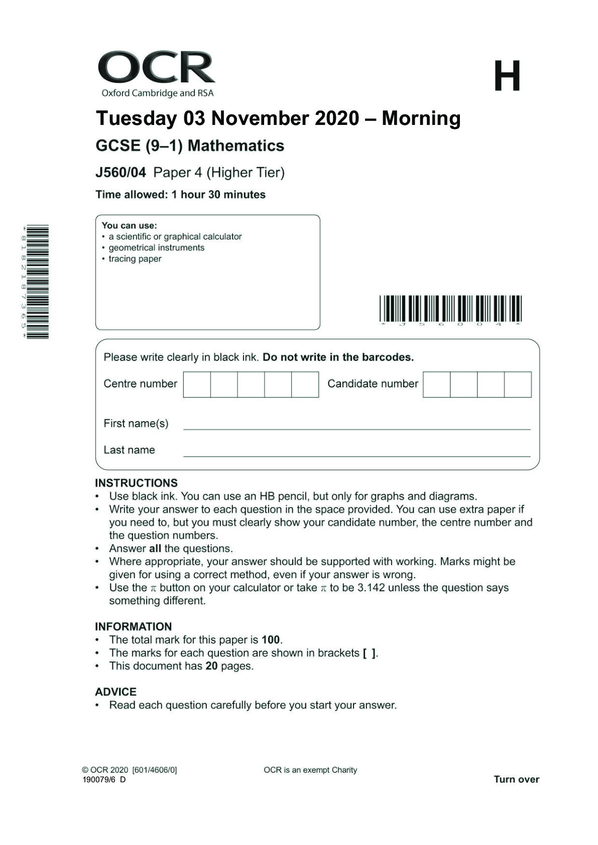 OCR_GCSE (9–1) Mathematics_J560/04 Question Paper & Mark Scheme_Nov ...