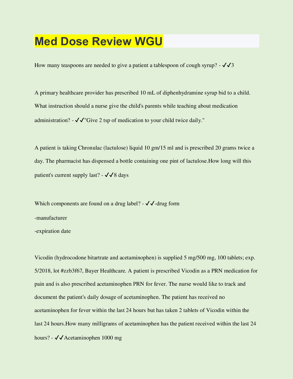 Med Dose Review WGU | Questions with 100% Correct Answers | Verified ...