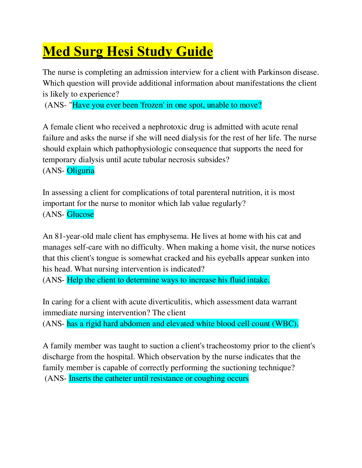 Med Surg Hesi Study Guide/ Questions & Answers/ Updated - Scholarfriends