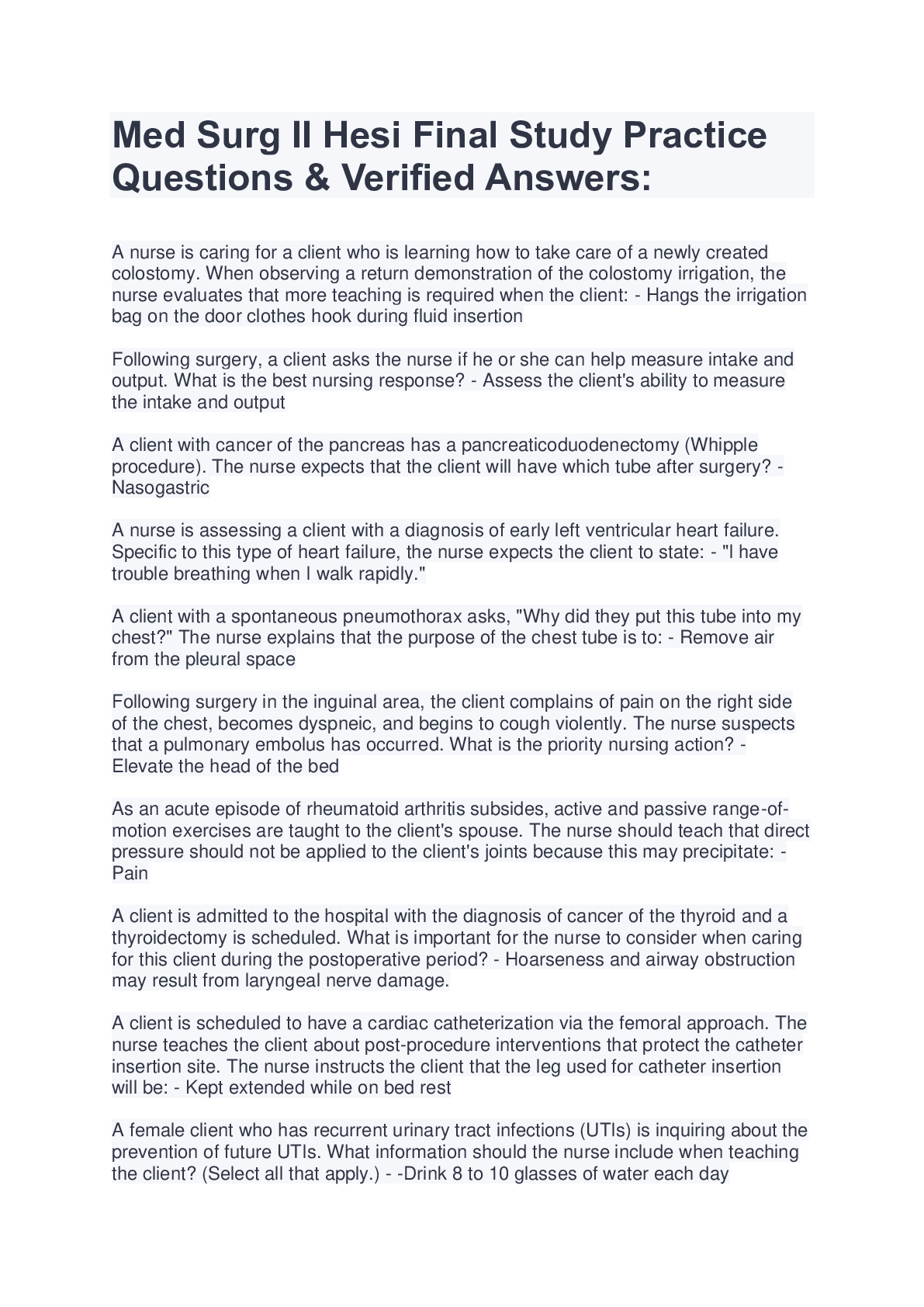 Med Surg II Hesi Final Exam Study Practice Questions & Verified Answers ...