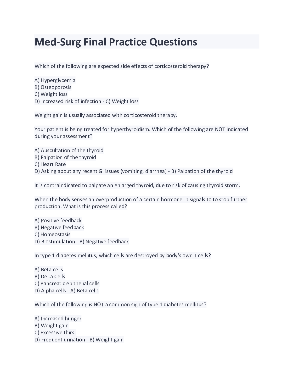 Med-Surg Final Practice Questions latest update - Scholarfriends