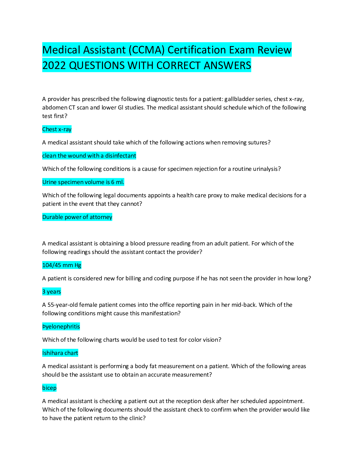 NHA: Medical Assistant(CCMA) Certification Questions And Answers ...