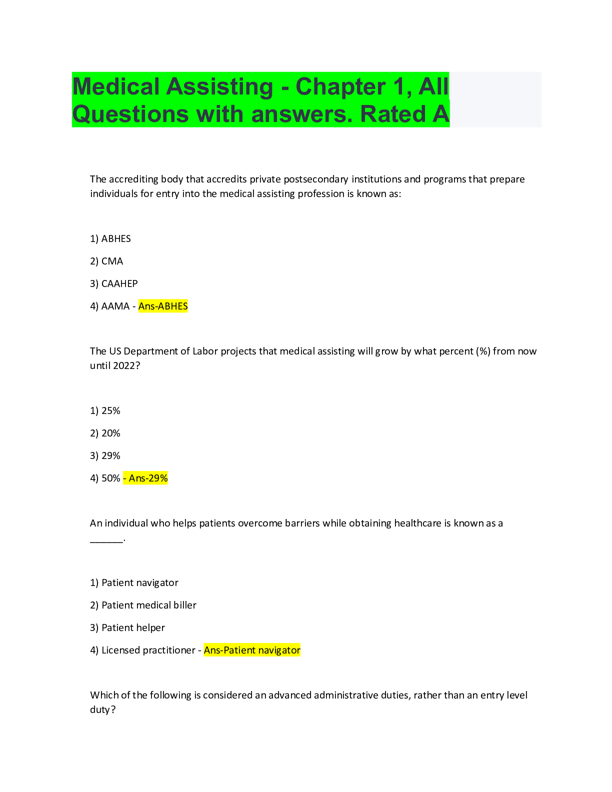 Medical Assisting - Chapter 1, All Questions with answers. Rated A ...