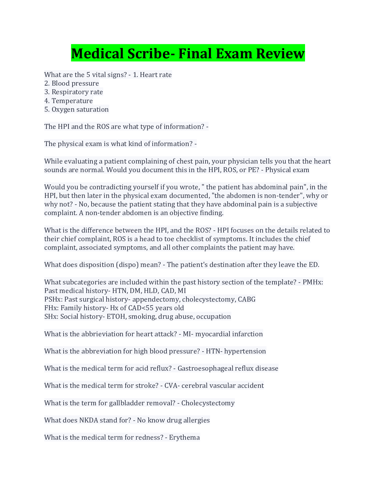 Medical Scribe- Final exam review 2022 Answered 100% correct ...