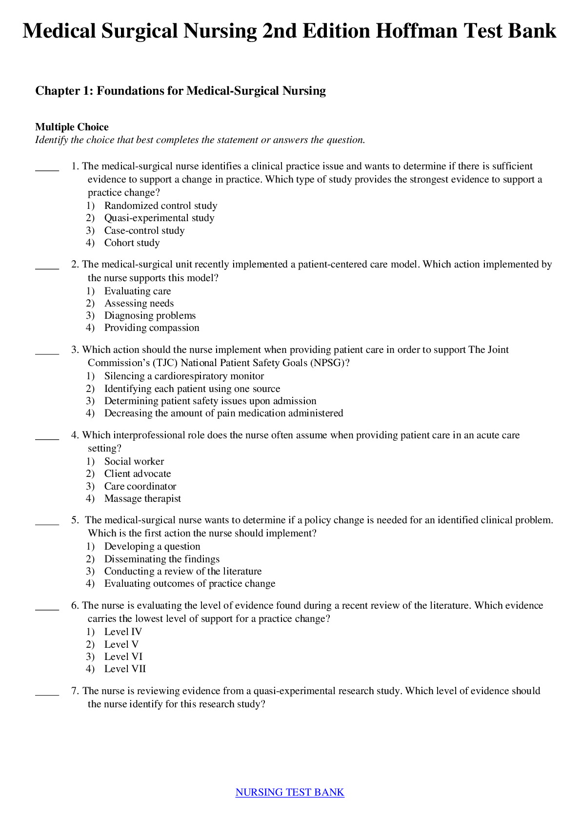 Medical Surgical Nursing 2nd Edition Hoffman TEST BANK - Scholarfriends