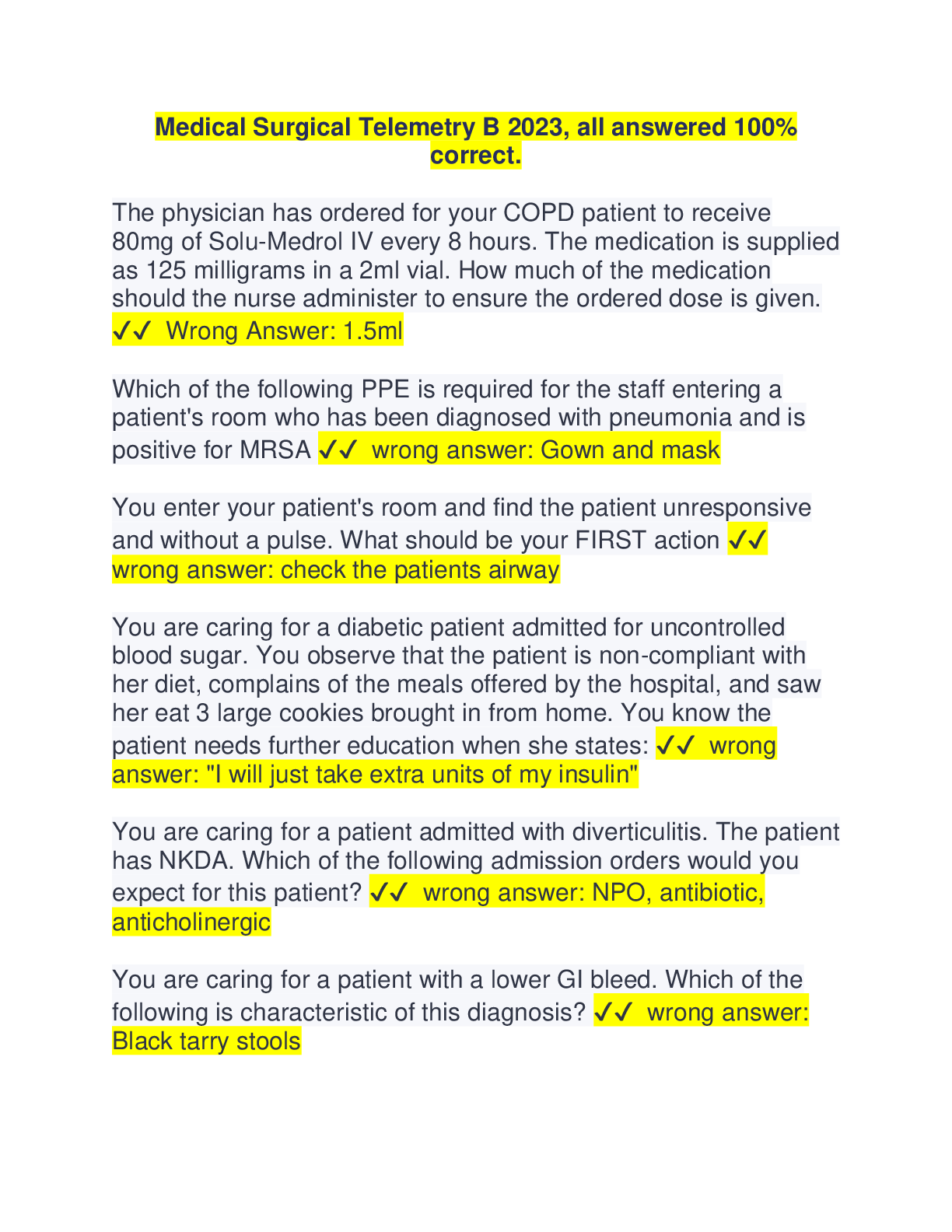 Medical Surgical Telemetry B 2023, all answered 100% correct ...