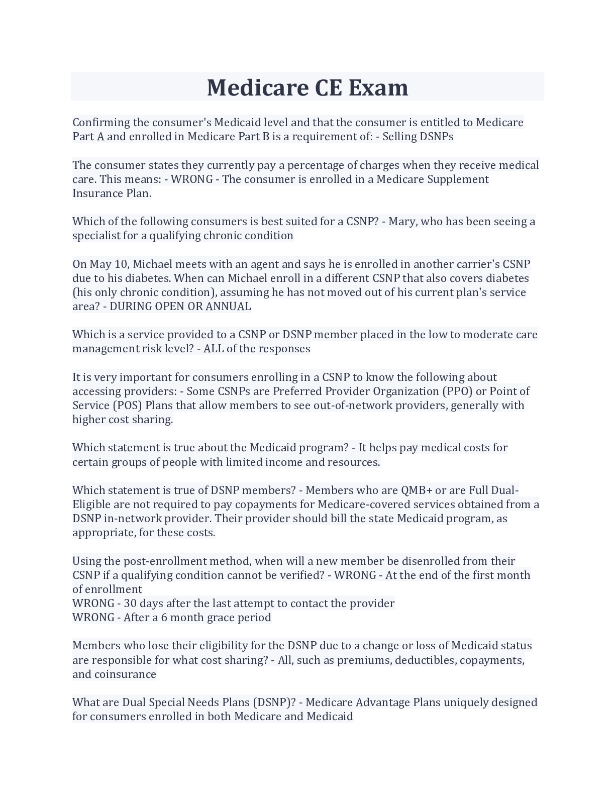 Questions And Answers Medicare CE Exam - Scholarfriends